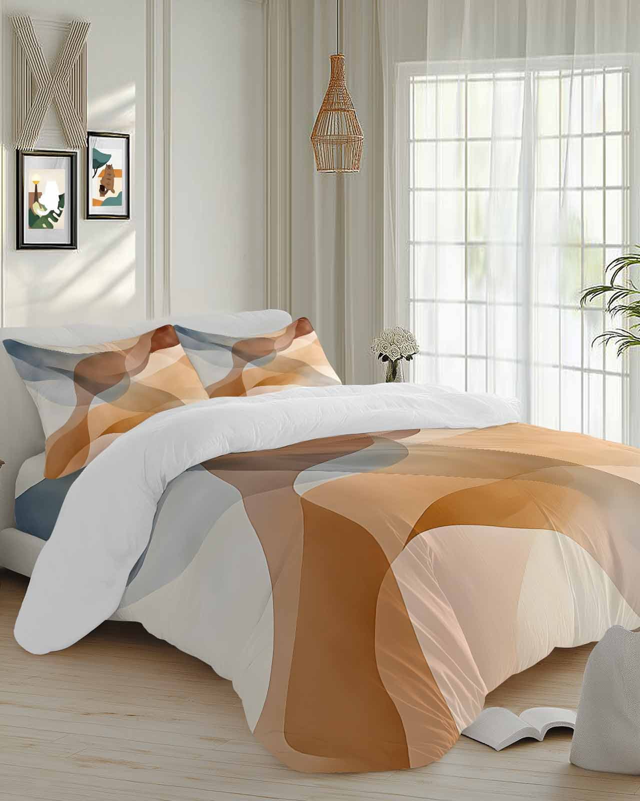 4 Piece Duvet Cover Set Cal king, Retro Ombre Blue Brown Waves Soft ...