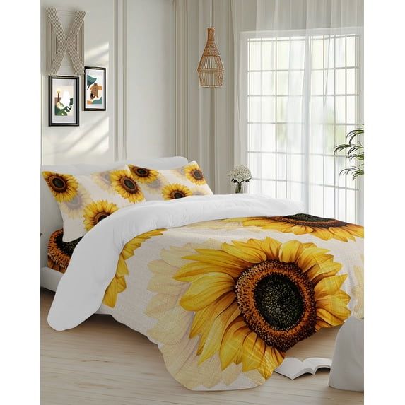 4 Piece Duvet Cover Set Cal king, Retro Watercolor Sunflower on Linen ...