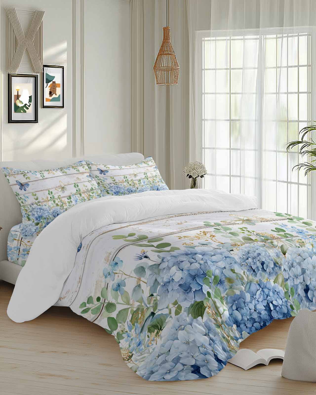 4 Piece Duvet Cover Set Cal king, Rustic Blue Hydrangea Butterfly Soft ...