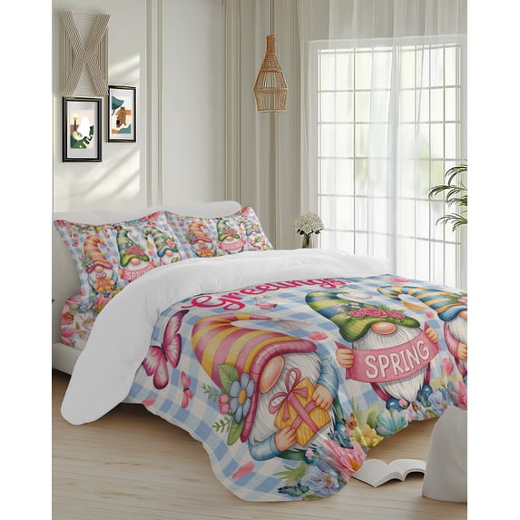 4 Piece Duvet Cover Set Cal king, Rustic Gnome Floral Blue Plaid Soft ...