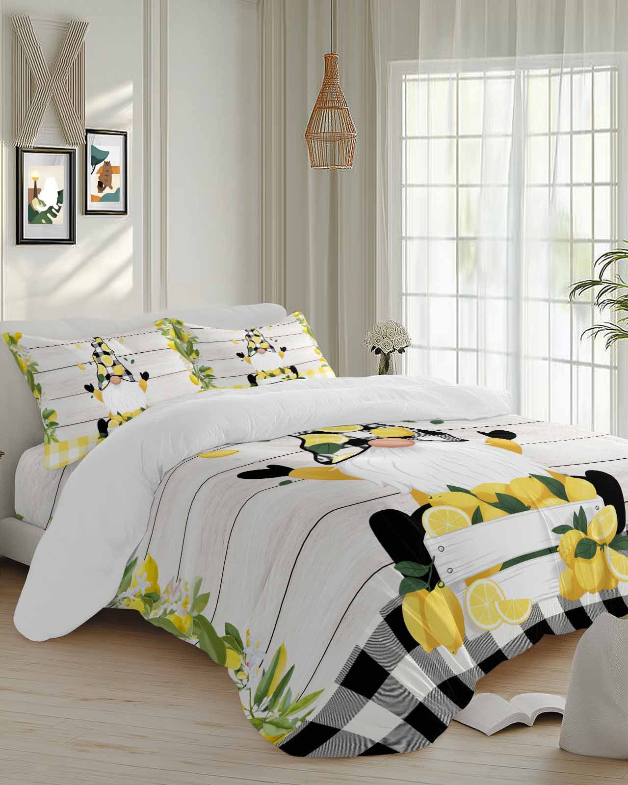 4 Piece Duvet Cover Set Cal king, Rustic Yellow Lemon Buffalo Plaid ...