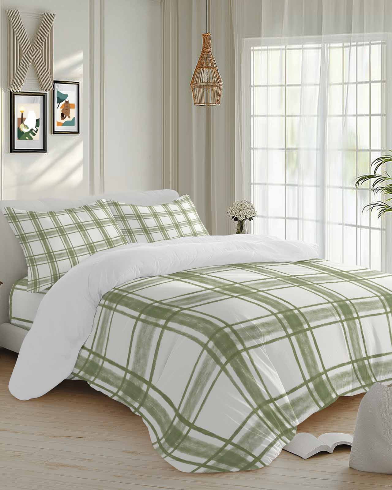 4 Piece Duvet Cover Set Cal king, Sage Green Gingham Patterns Soft ...