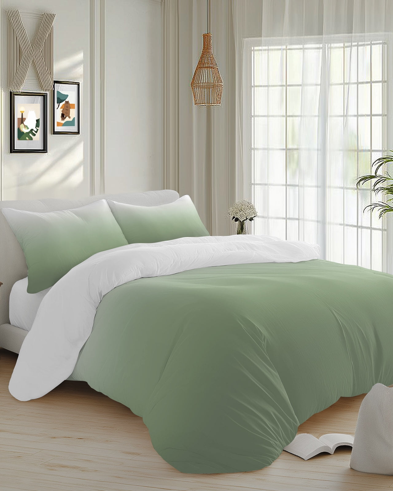 4 Piece Duvet Cover Set Cal king, Sage Green White Color Gradient Soft ...
