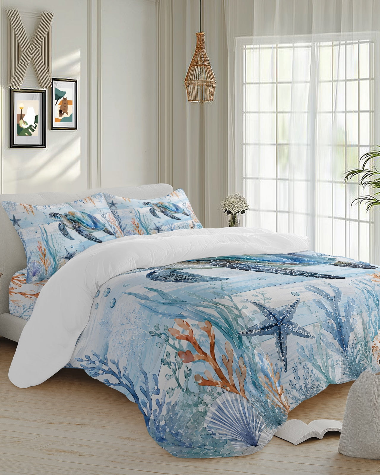 4 Piece Duvet Cover Set Cal king, Sea Turtle Starfish Coral Seashell ...