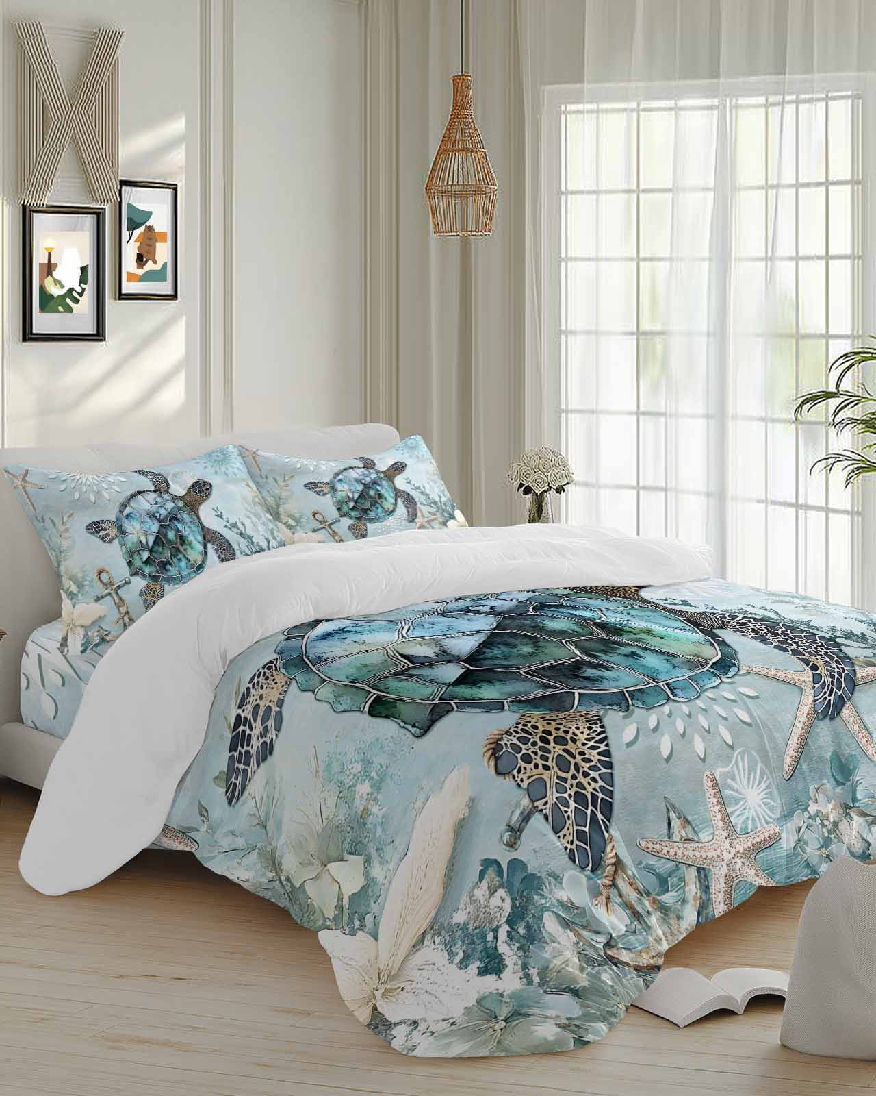 4 Piece Duvet Cover Set Cal king, Sea Turtle Starfish Marine Life Soft ...