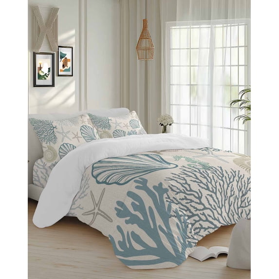 4 Piece Duvet Cover Set Cal king, Seahorse Corals on Retro Linen Soft ...
