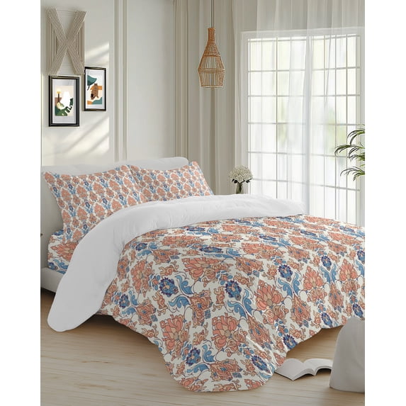 4 Piece Duvet Cover Set Cal king, Southwest Ethnic Floral Pattern Soft ...