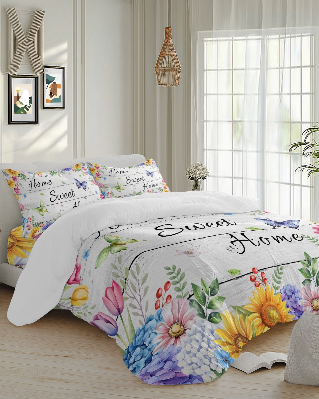 4 Piece Duvet Cover Set Cal king, Spring Floral Retro White Plank Soft ...
