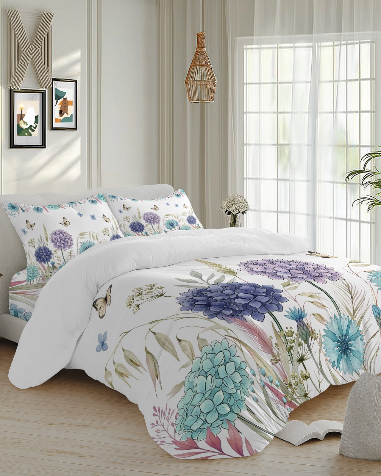 4 Piece Duvet Cover Set Cal king, Spring Flower Thistle Hydrangea Soft ...