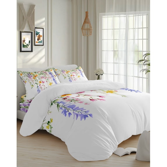 4 Piece Duvet Cover Set Cal king, Spring Pastoral Watercolor Flower ...