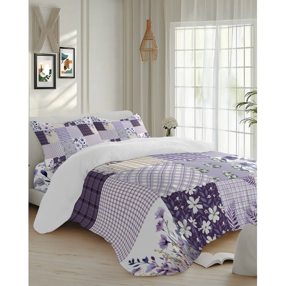 4 Piece Duvet Cover Set Cal king, Spring Purple Flower Leaf Soft ...