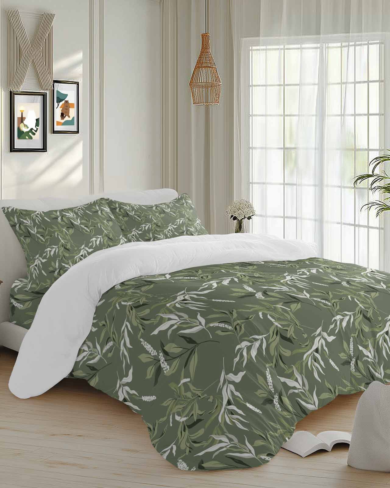 4 Piece Duvet Cover Set Cal king, Spring White Leaves Green Soft ...