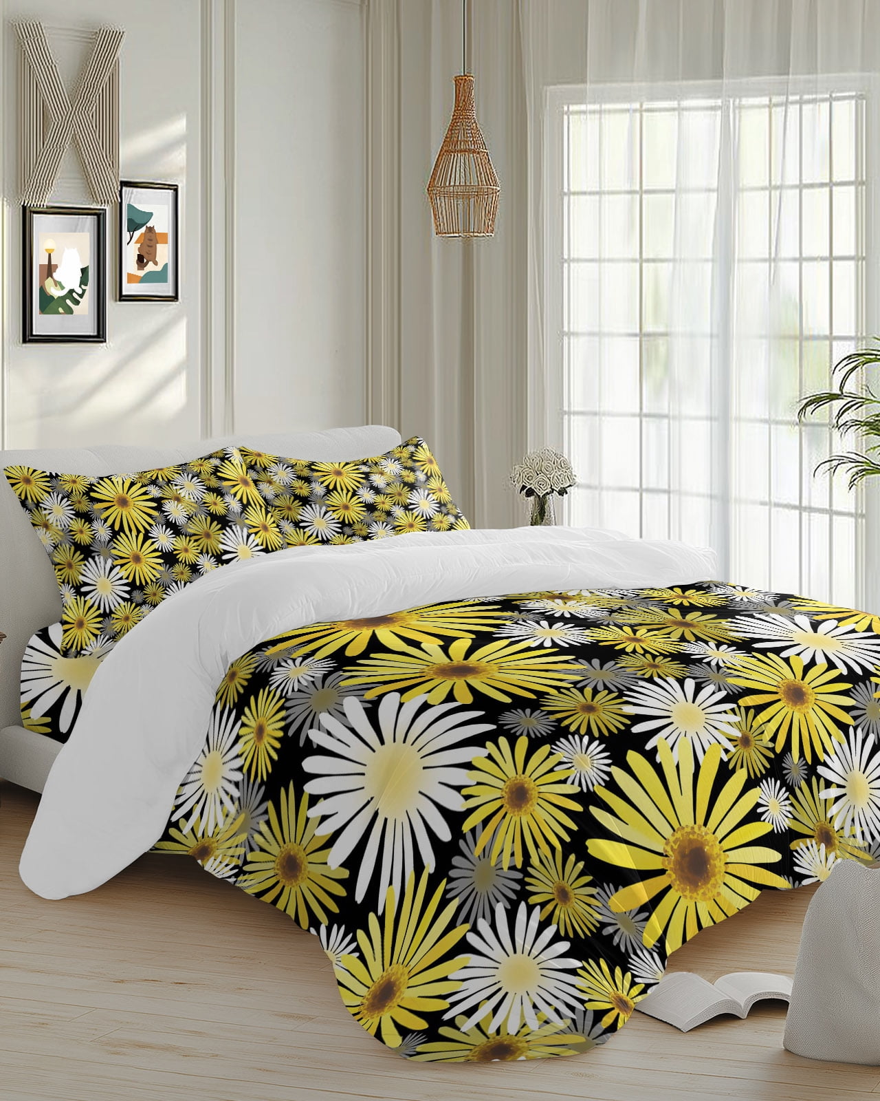 4 Piece Duvet Cover Set Cal king, Spring Yellow White Daisy Flower Soft ...