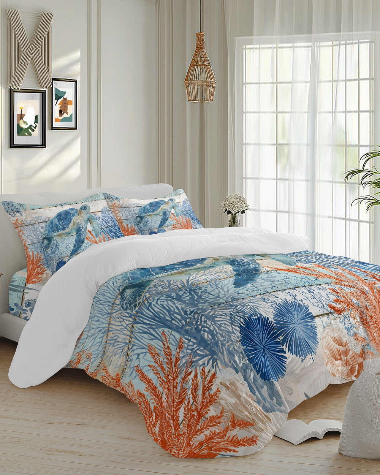 4 Piece Duvet Cover Set Cal king, Starfish Sea Turtle Retro Plank Soft ...