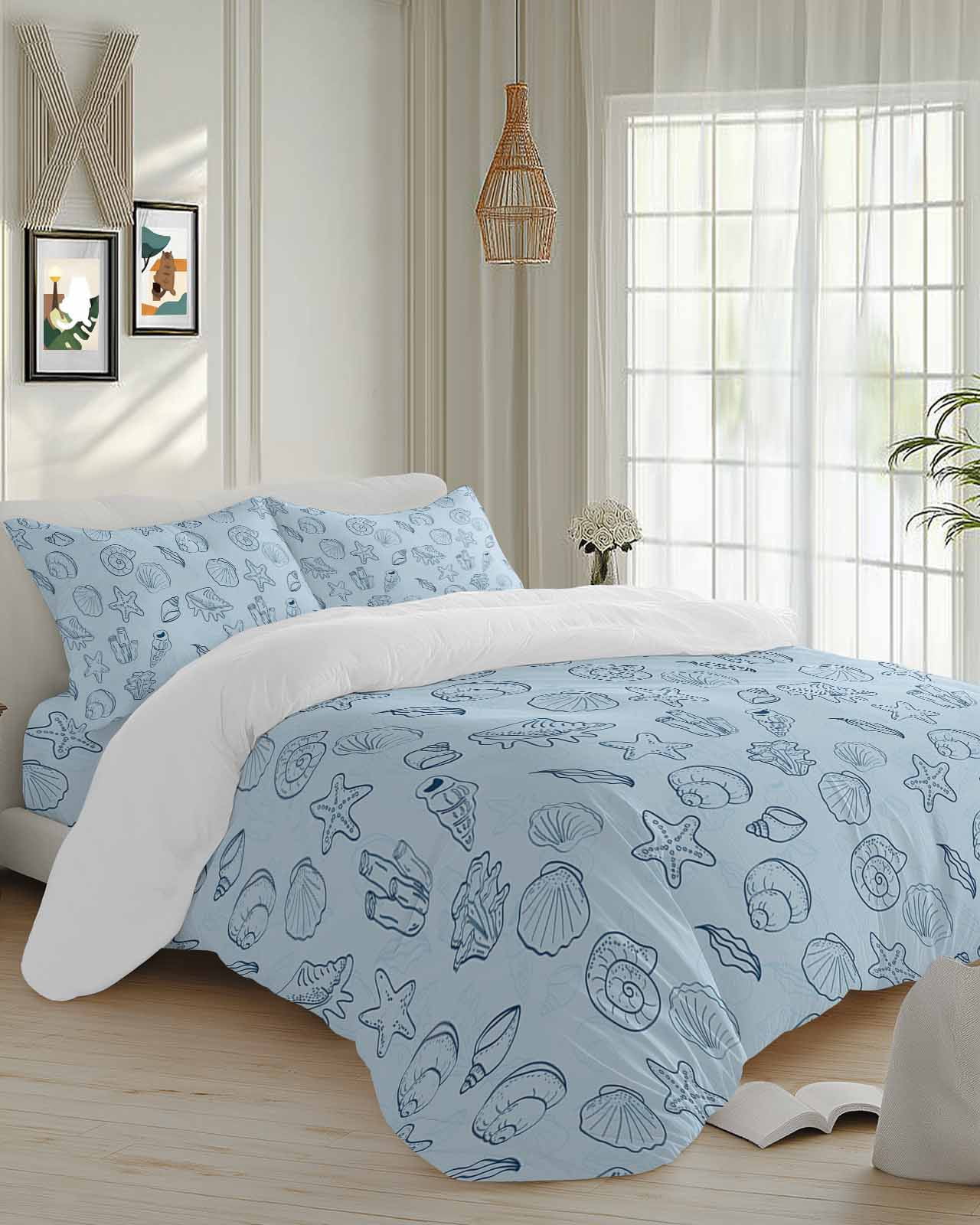 4 Piece Duvet Cover Set Cal king, Summer Coastal Starfish Blue Shell ...