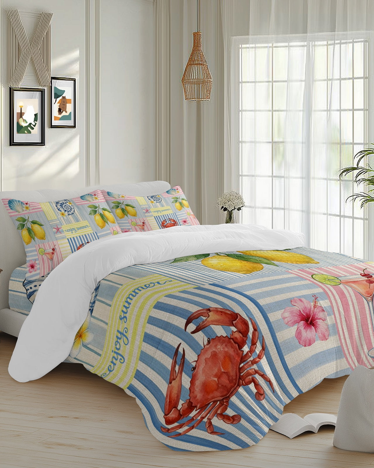 4 Piece Duvet Cover Set Cal king, Summer Lemons Crabs Shells Soft ...