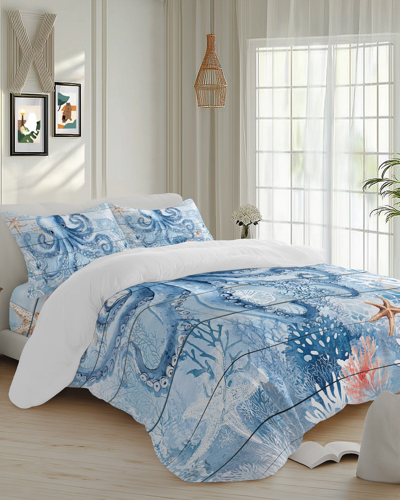 4 Piece Duvet Cover Set Cal king, Summer Ocean Octopus Starfish Coral ...