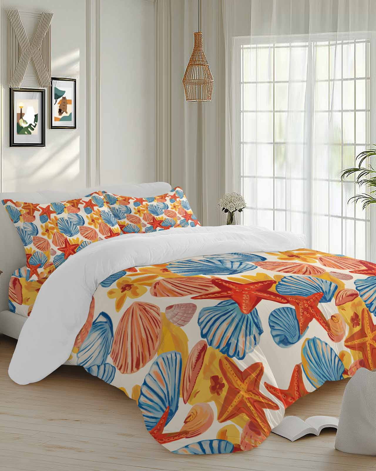 4 Piece Duvet Cover Set Cal king, Summer Ocean Starfish Shell Conch ...