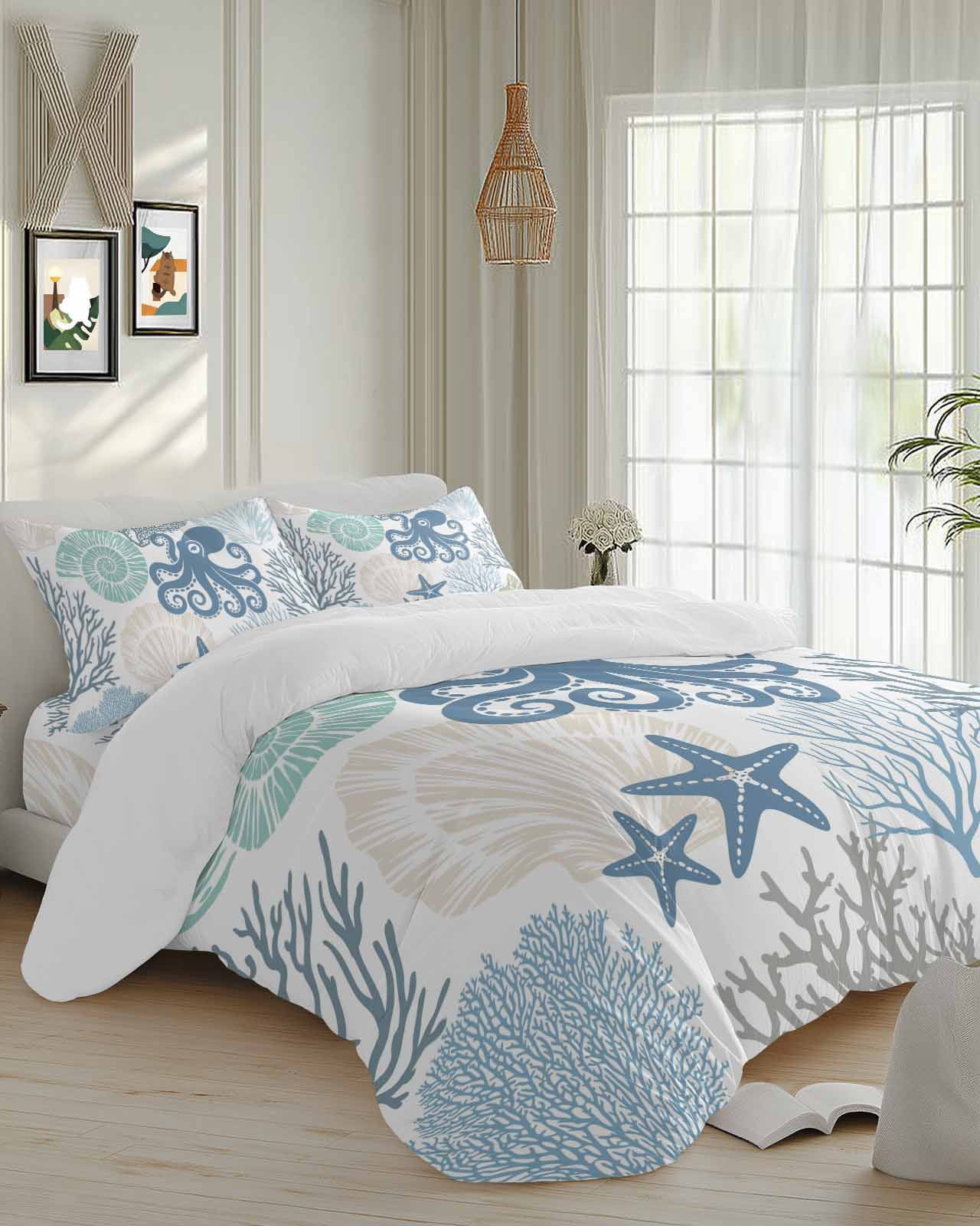 4 Piece Duvet Cover Set Cal king, Summer Octopus Starfish Coral Soft ...