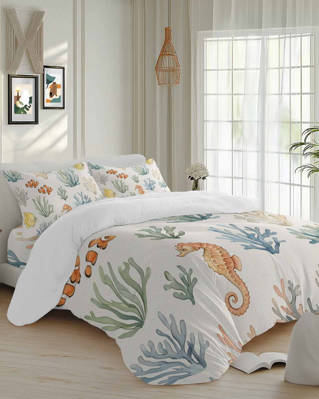 4 Piece Duvet Cover Set Cal king, Summer Sea Fish Seahorse Soft ...