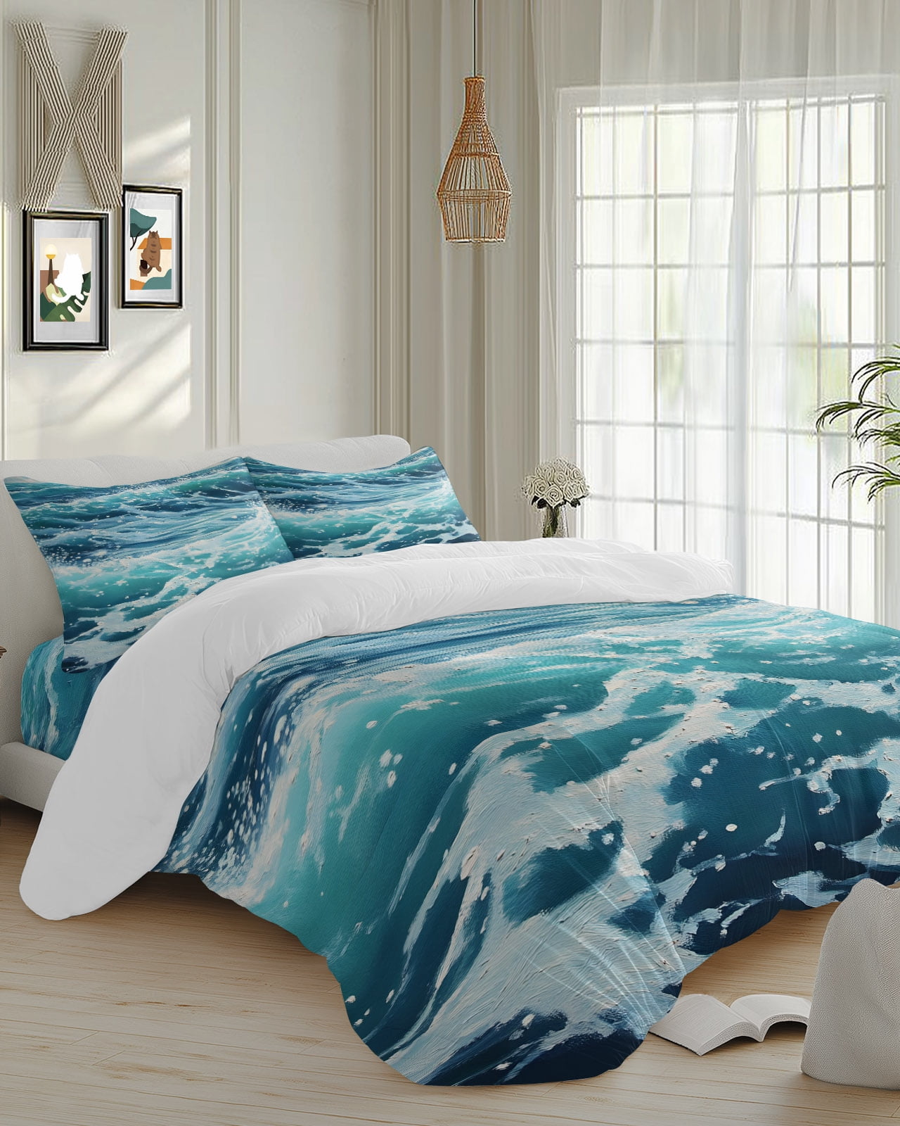 4 Piece Duvet Cover Set Cal king, Summer Seaside Watercolor Wavy Soft ...