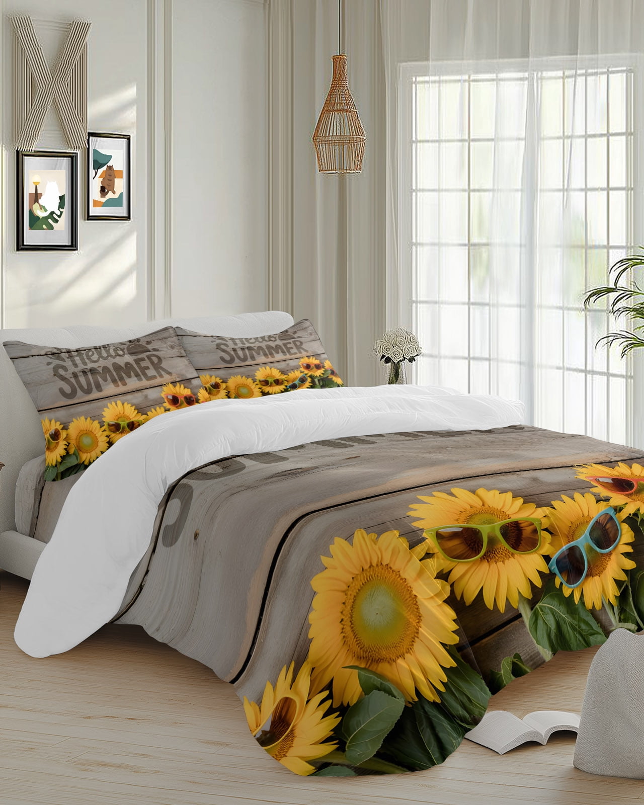 4 Piece Duvet Cover Set Cal king, Summer Sunflower on Wood Barn Soft ...
