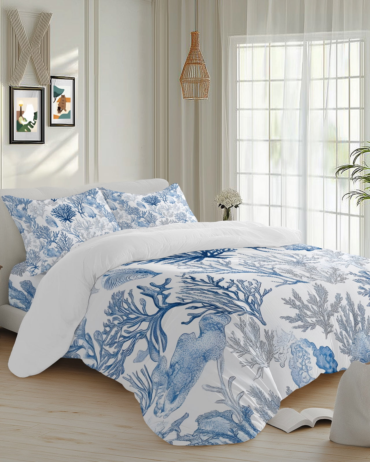 4 Piece Duvet Cover Set Cal king, Summer Watercolor Blue Gray Coral ...