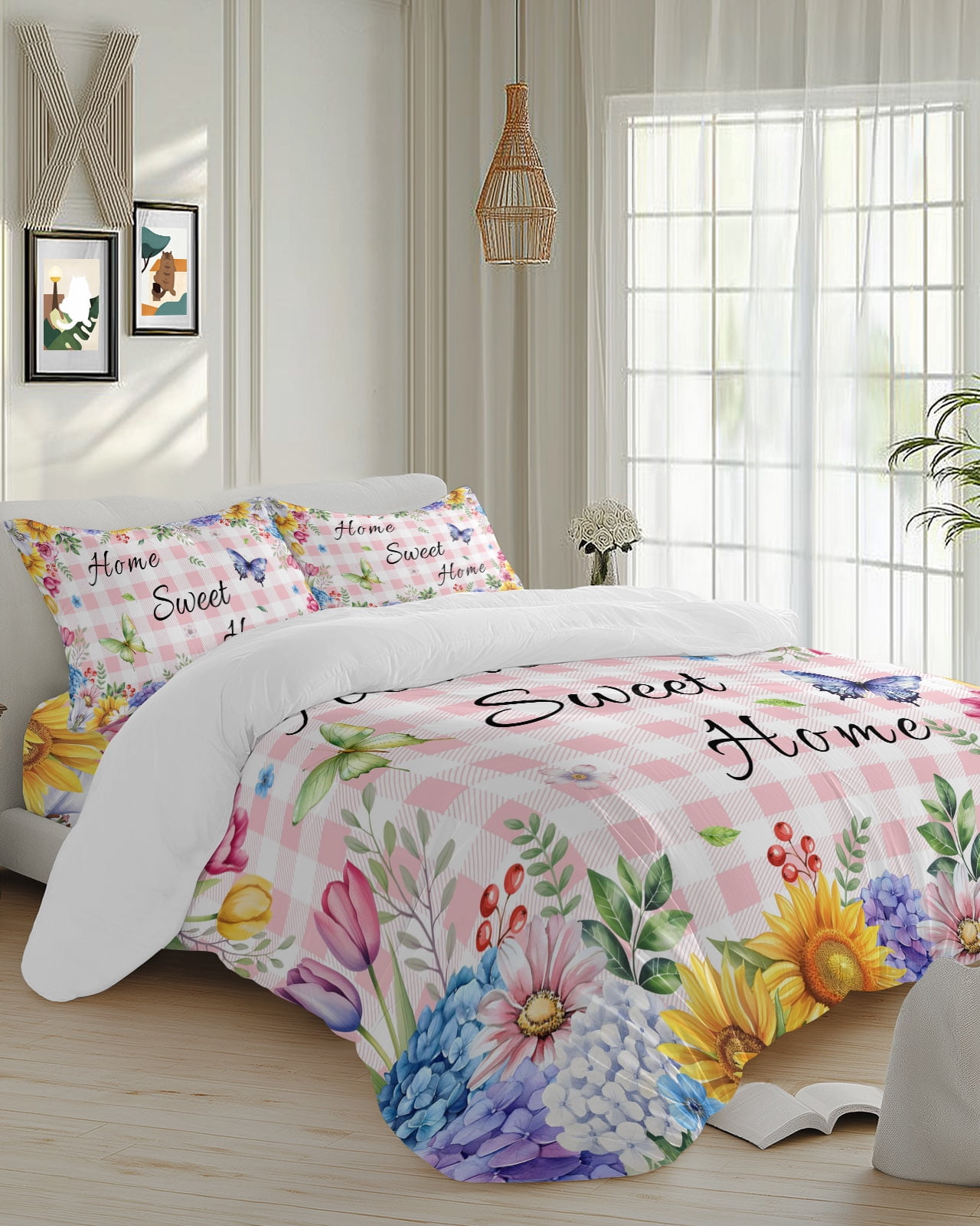 4 Piece Duvet Cover Set Cal king, Sweet Home Words Pink White Plaid ...