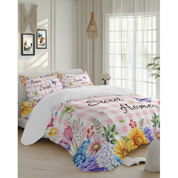 4 Piece Duvet Cover Set Cal king, Sweet Home Words Pink White Plaid ...