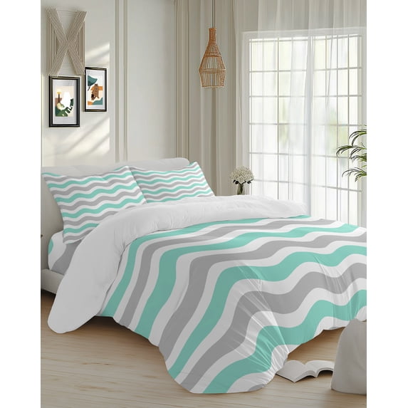 4 Piece Duvet Cover Set Cal king, Teal Water Ripple Gray Line Soft ...