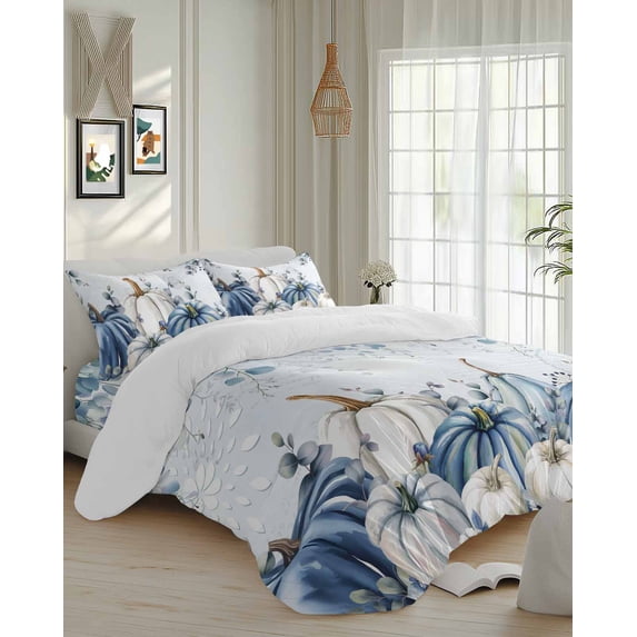 4 Piece Duvet Cover Set Cal king, Thanksgiving Blue Pumpkins Soft ...