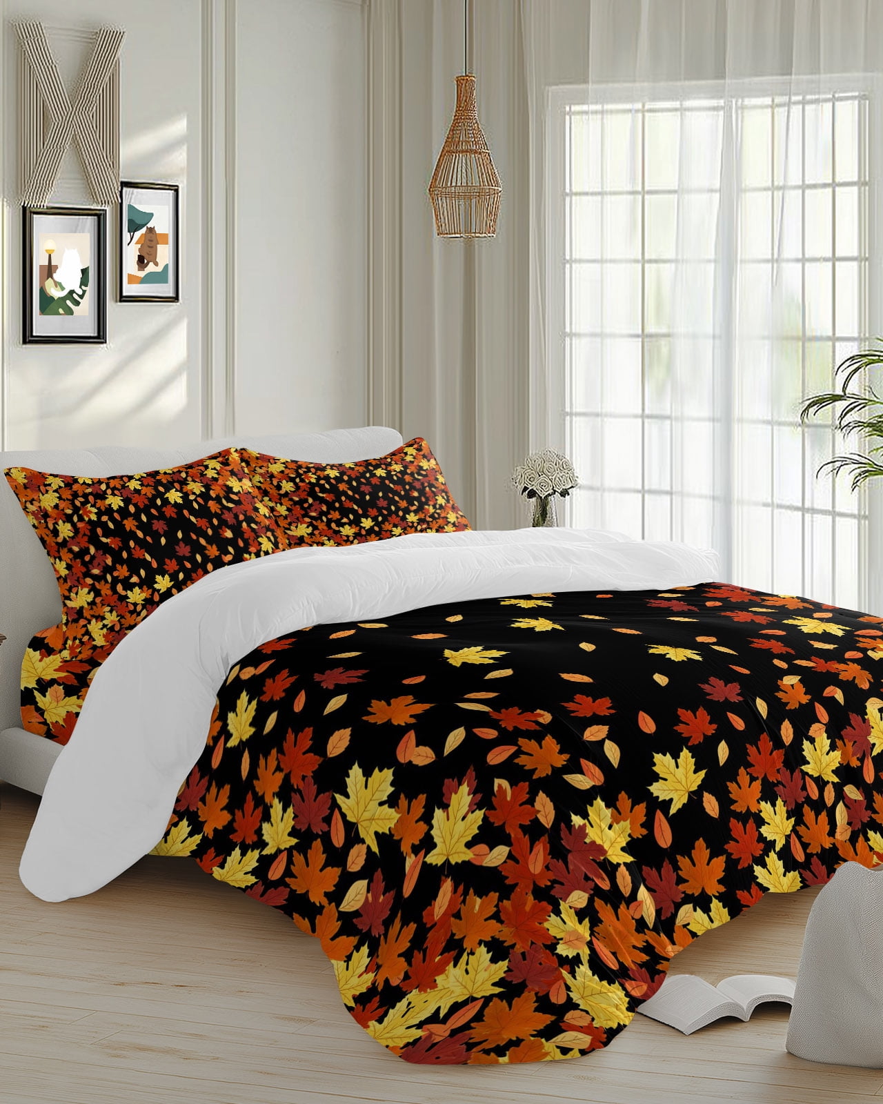 4 Piece Duvet Cover Set Cal king, Thanksgiving Maple Leaf on Black Soft ...