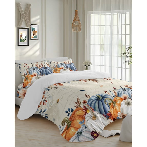 4 Piece Duvet Cover Set Cal king, Thanksgiving Pumpkin Botanical Leaf ...
