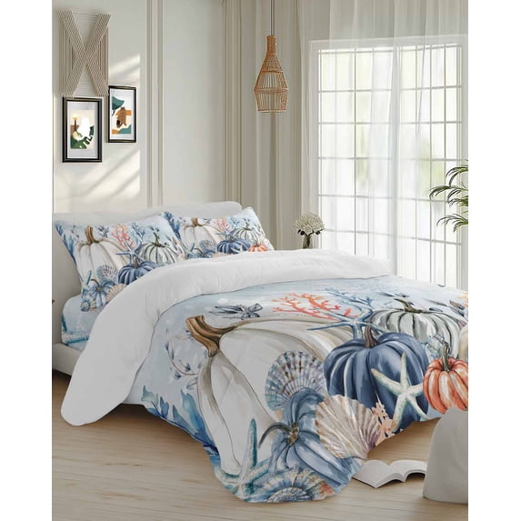 4 Piece Duvet Cover Set Cal king, Thanksgiving Pumpkin Coastal Starfish ...