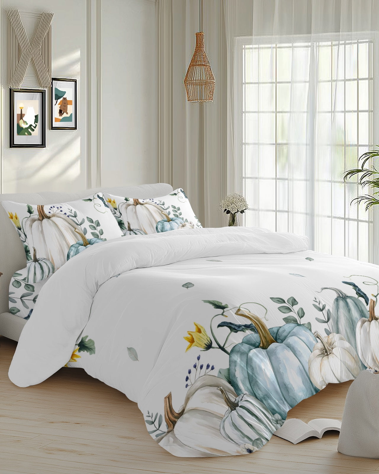 4 Piece Duvet Cover Set Cal king, Thanksgiving Pumpkin Eucalyptus Leaf ...