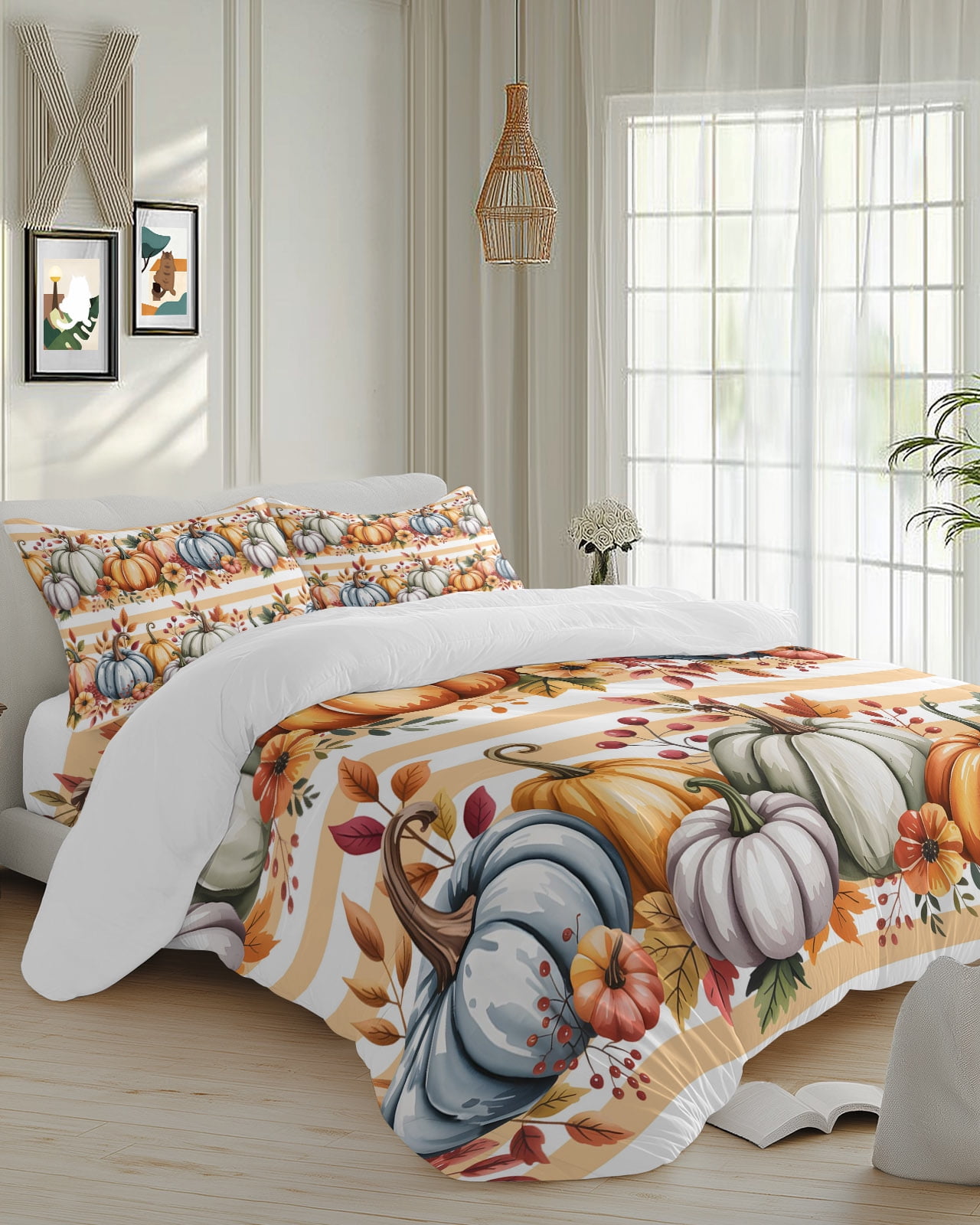 4 Piece Duvet Cover Set Cal king, Thanksgiving Pumpkin Flower Maple ...