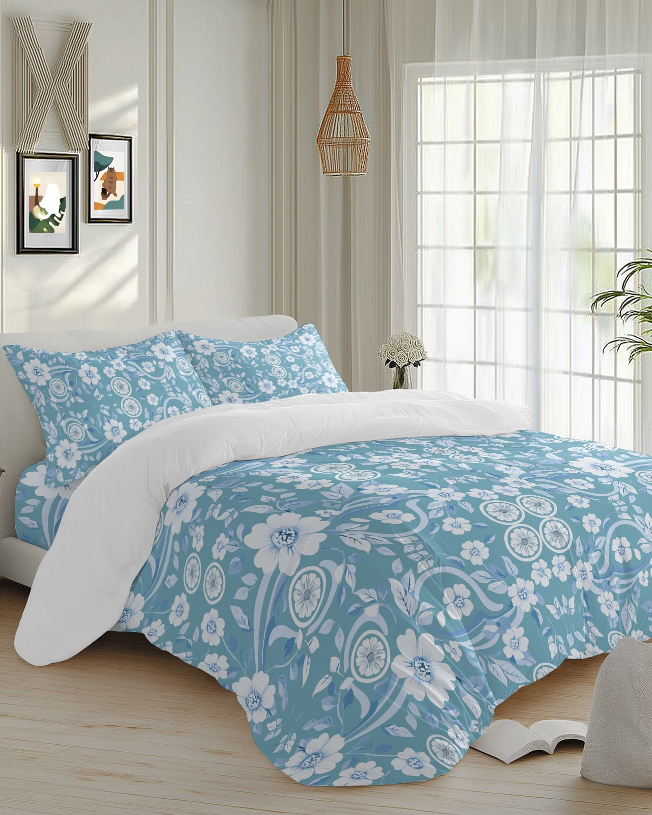 4 Piece Duvet Cover Set Cal king, Vintage Pastoral Floral on Blue Soft ...