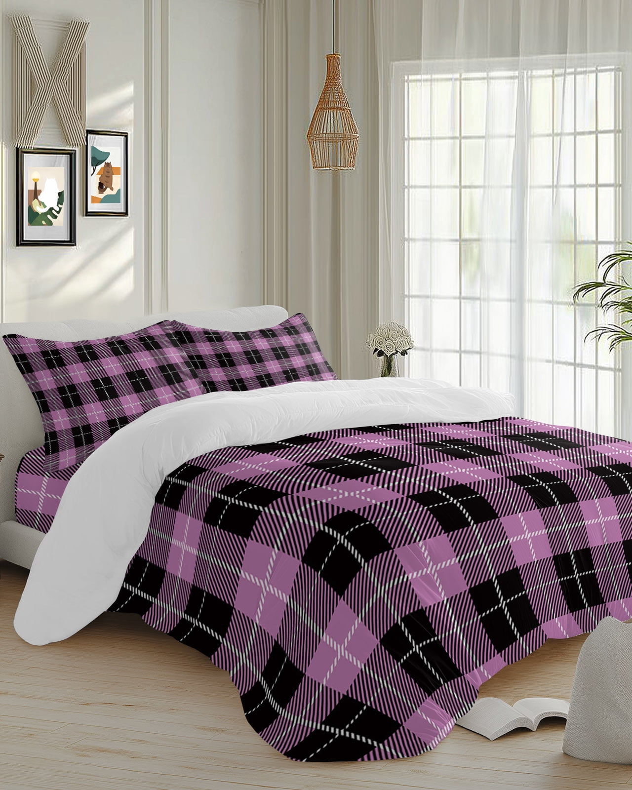 4 Piece Duvet Cover Set Cal king, Vintage Purple Black Tartan Plaid ...