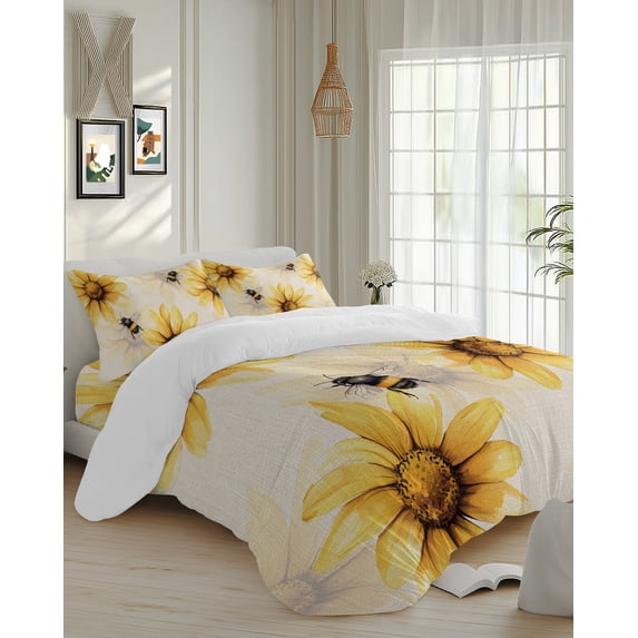 4 Piece Duvet Cover Set Cal king, Vintage Summer Daisy Flower Bee Soft ...