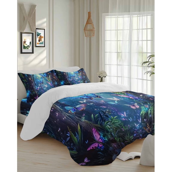 4 Piece Duvet Cover Set Cal king, Watercolor Blue Butterfly Green Tree ...