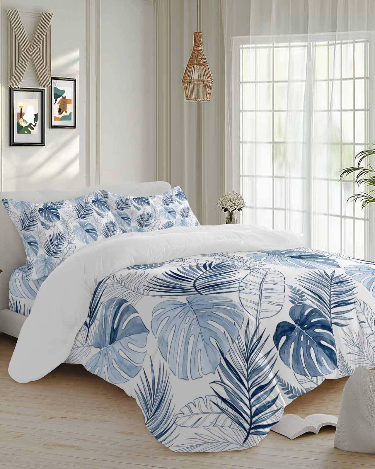 4 Piece Duvet Cover Set Cal king, Watercolor Blue Monstera Palm Leaf ...