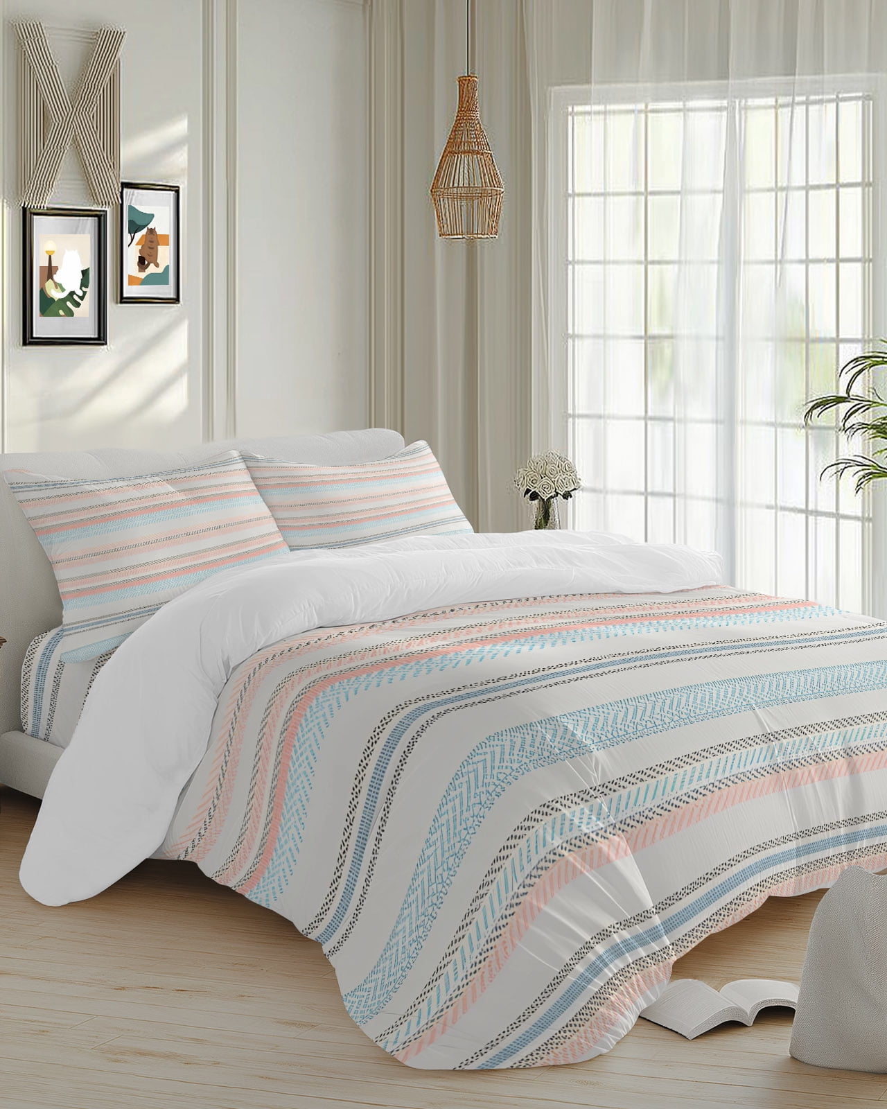 4 Piece Duvet Cover Set Cal king, Watercolor Blue Pink Striped Soft ...