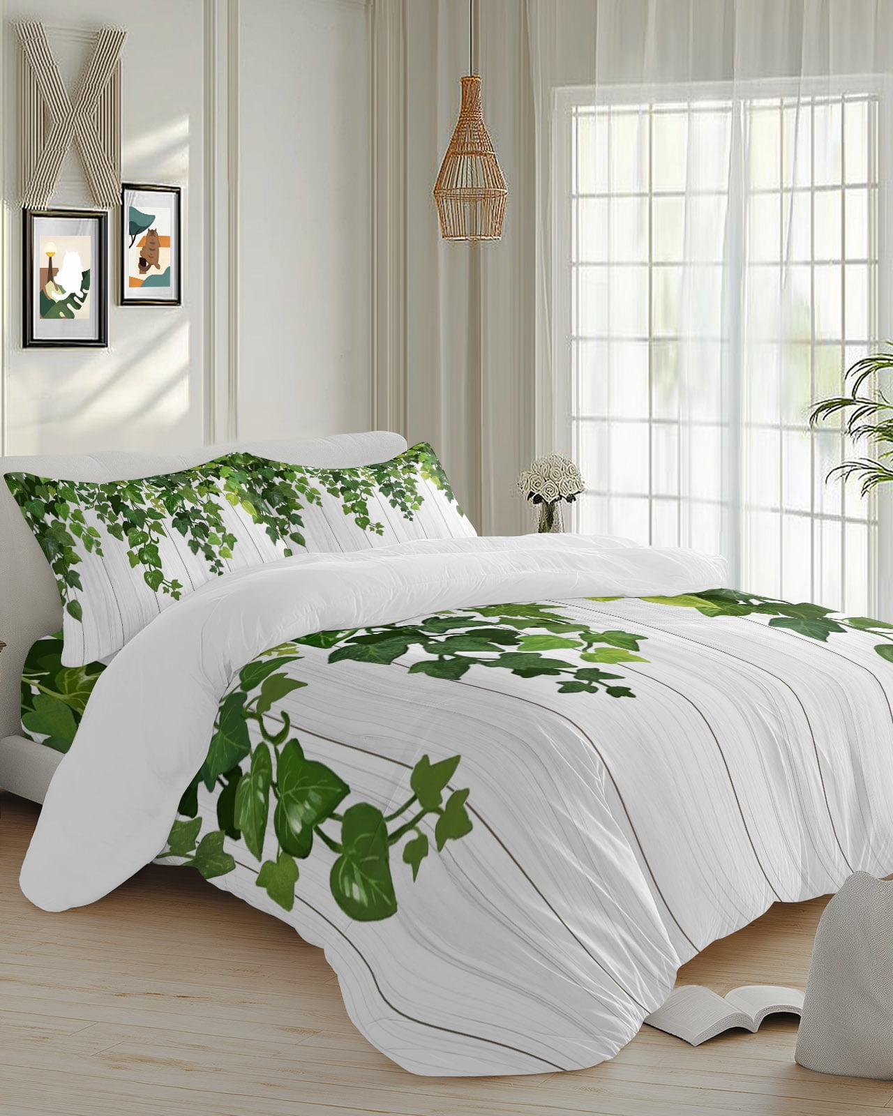 4 Piece Duvet Cover Set Cal king, Watercolor Botanical Green Leaves ...
