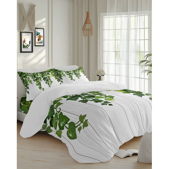 4 Piece Duvet Cover Set Cal king, Watercolor Botanical Green Leaves ...