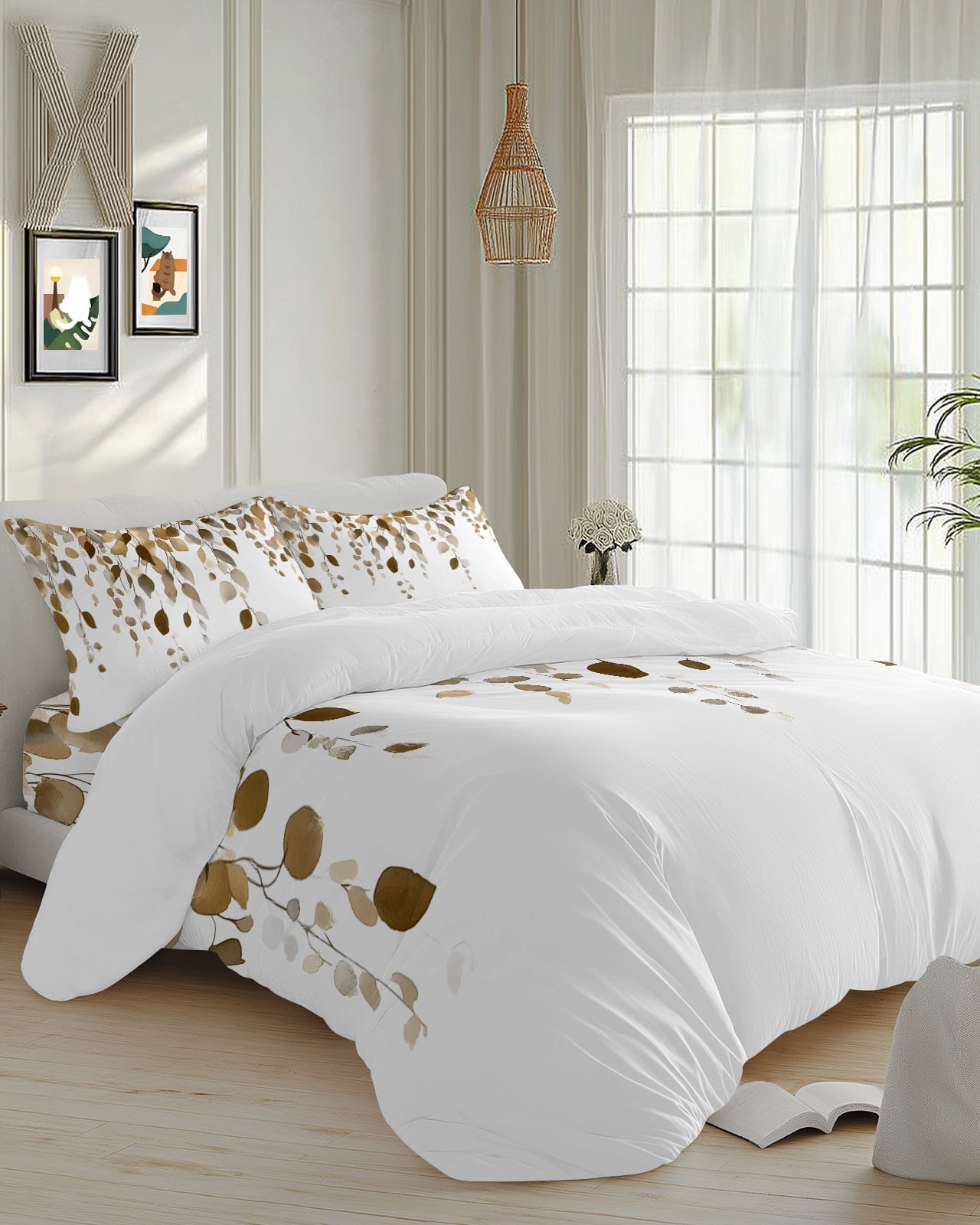 4 Piece Duvet Cover Set Cal king, Watercolor Brown Eucalyptus Leaves ...