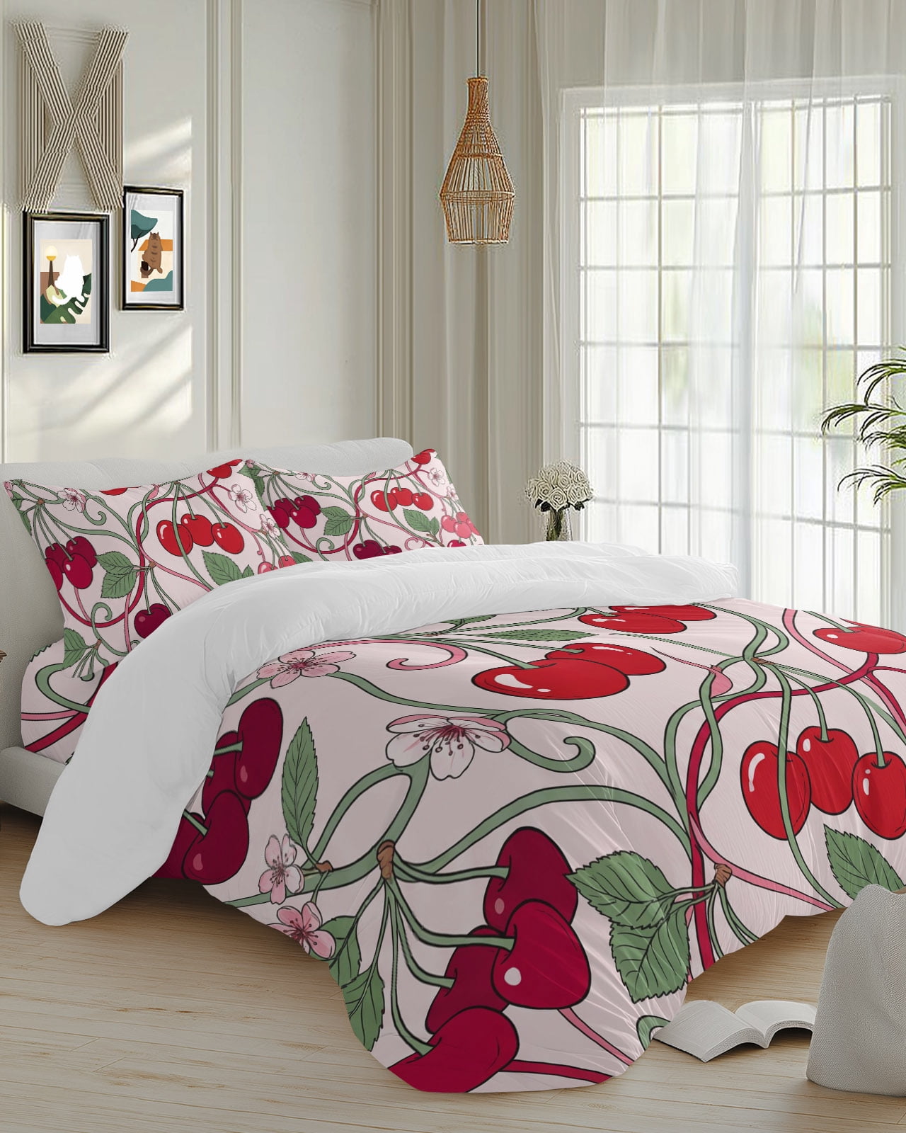 4 Piece Duvet Cover Set Cal king, Watercolor Fruit Cherries Soft ...