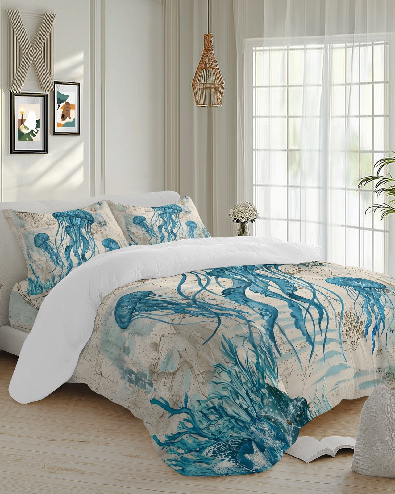 4 Piece Duvet Cover Set Cal king, Watercolor Jellyfish Seaweed Coral ...