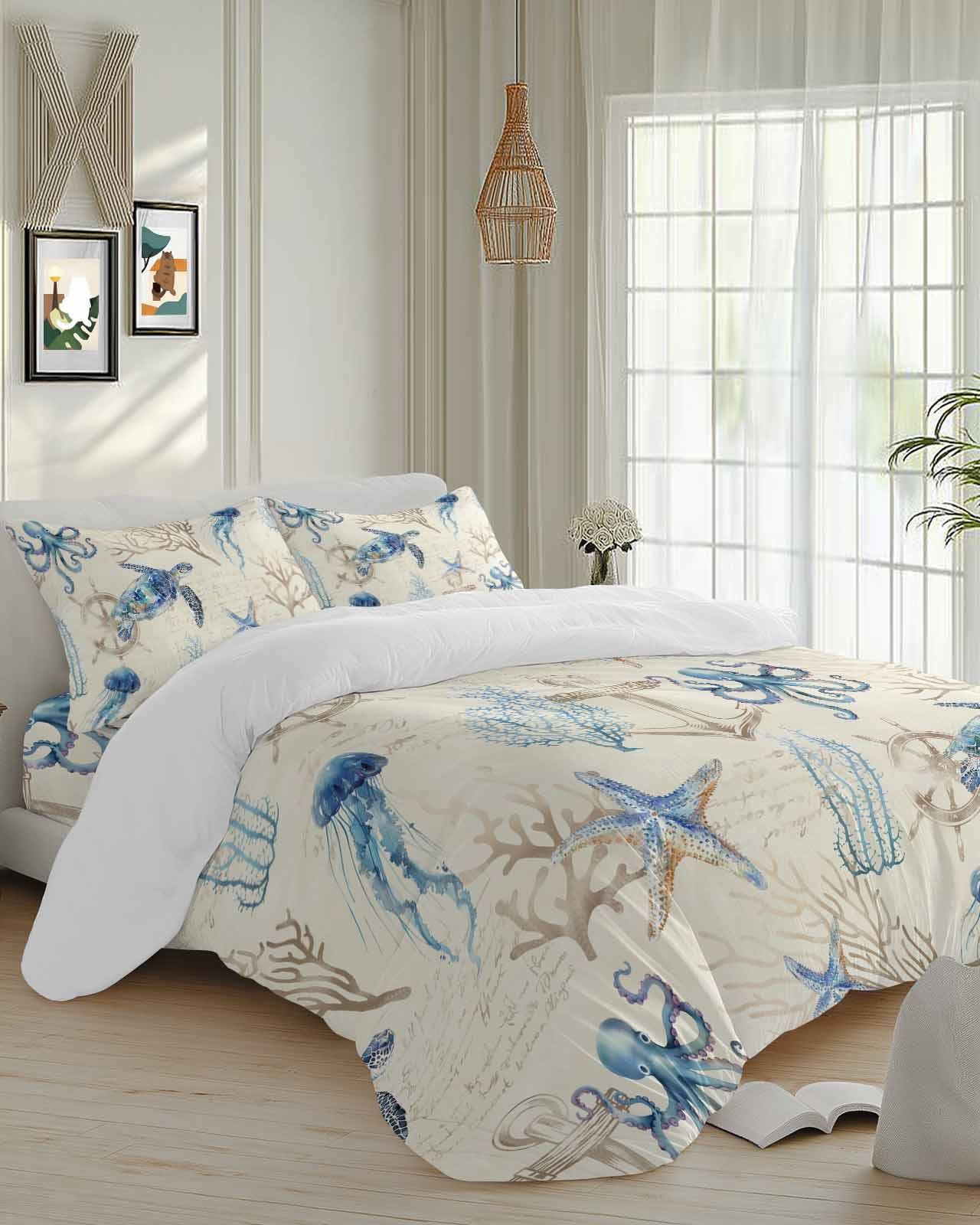 4 Piece Duvet Cover Set Cal king, Watercolor Marine Life Turtle Octopus ...