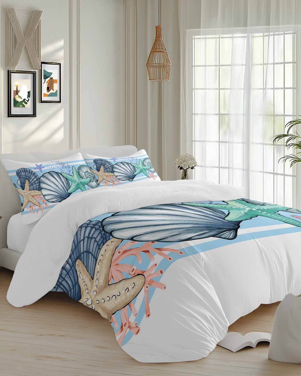 4 Piece Duvet Cover Set Cal king, Watercolor Marine Starfish Conch ...