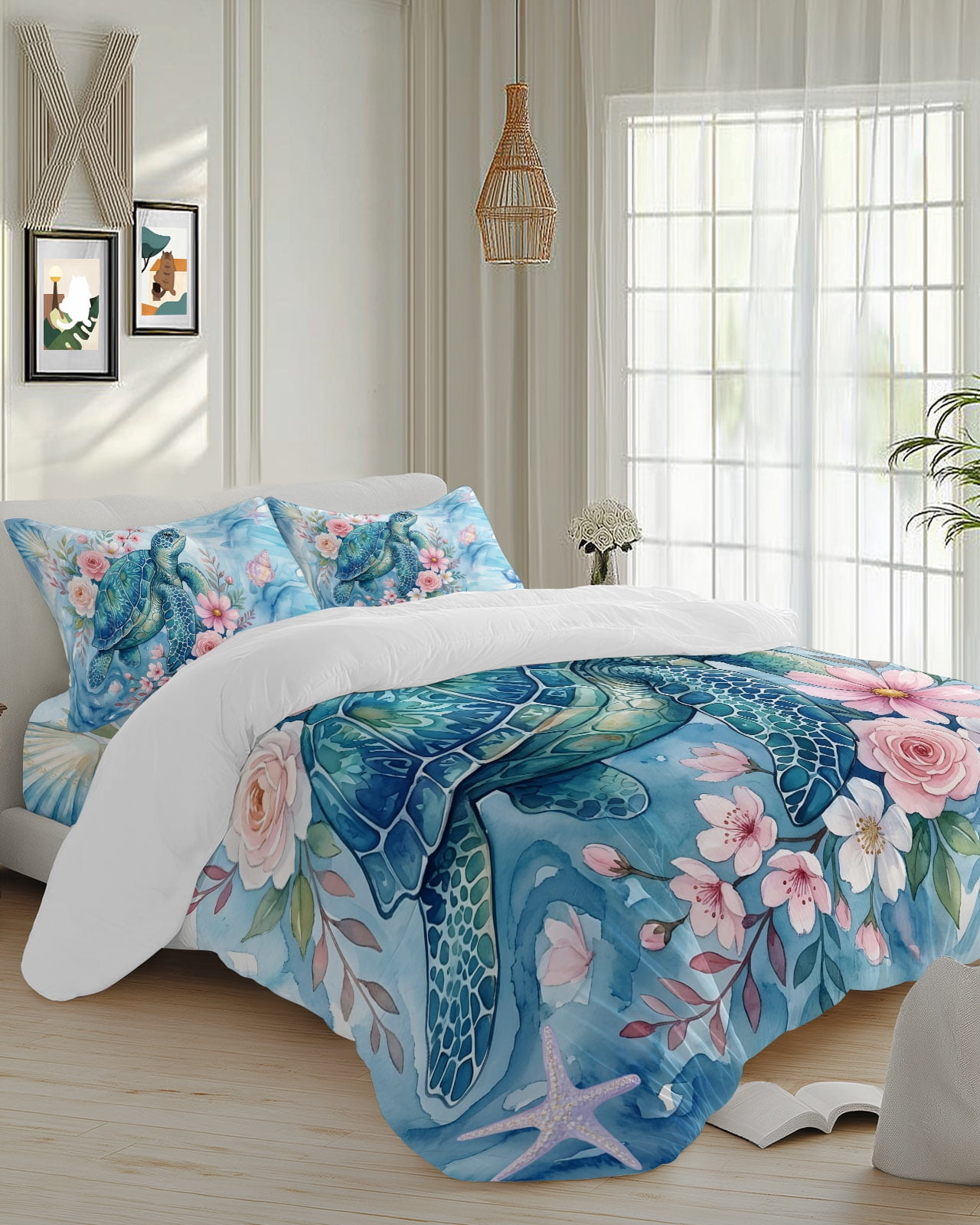 4 Piece Duvet Cover Set Cal king, Watercolor Ocean Turtle Pink Flower ...